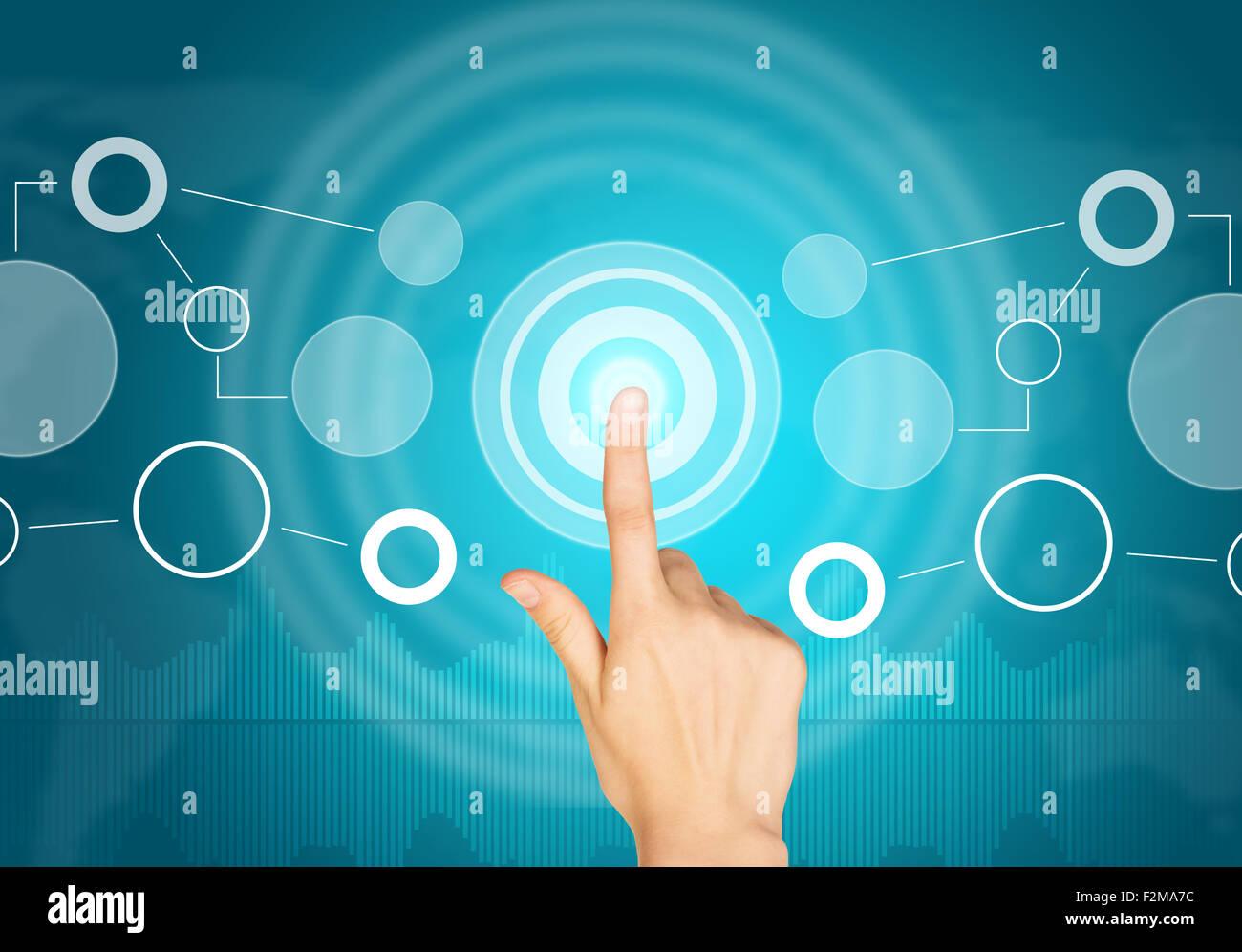 Mans hand clicking on virtual blue screen Stock Photo - Alamy