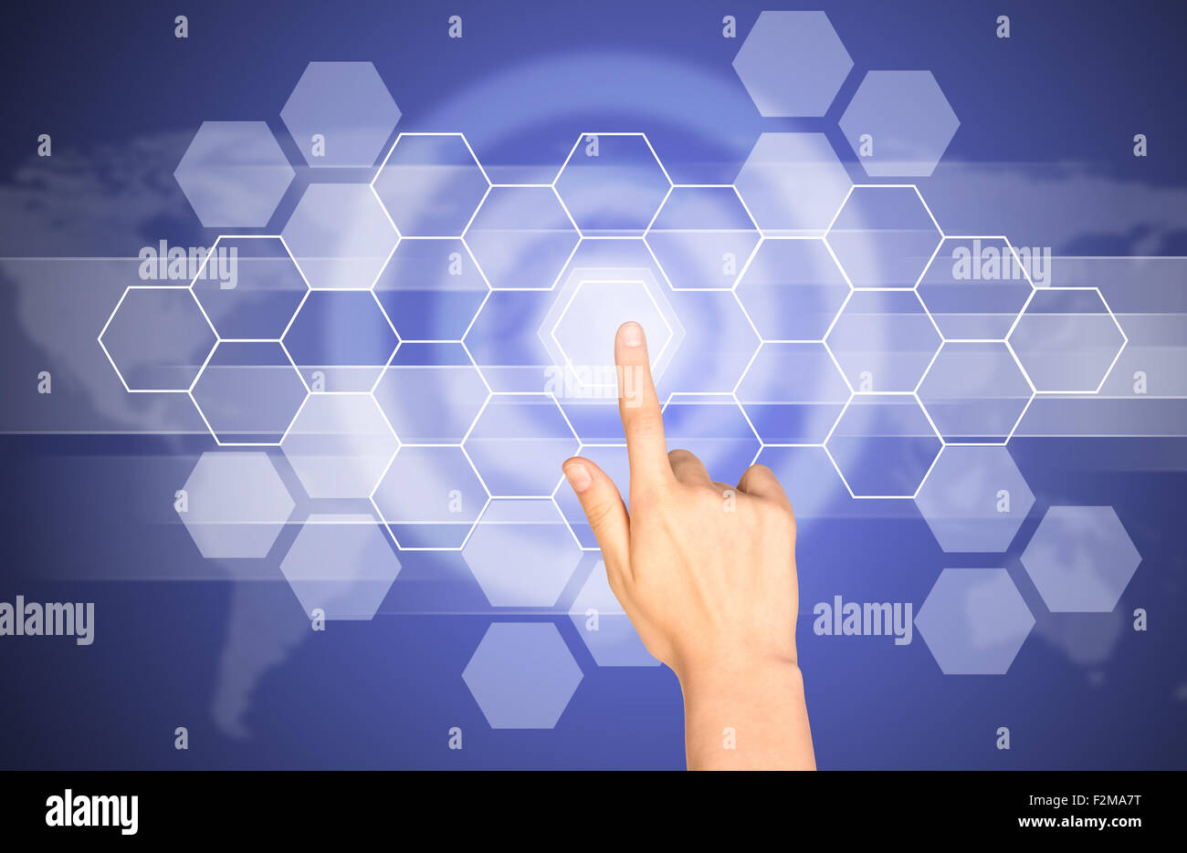 Humans hand clicking on virtual purple screen Stock Photo - Alamy