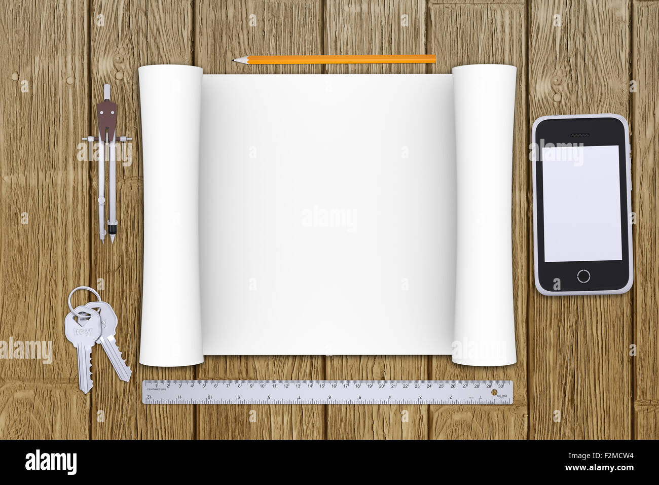 Smartphone with ruler and keys Stock Photo - Alamy