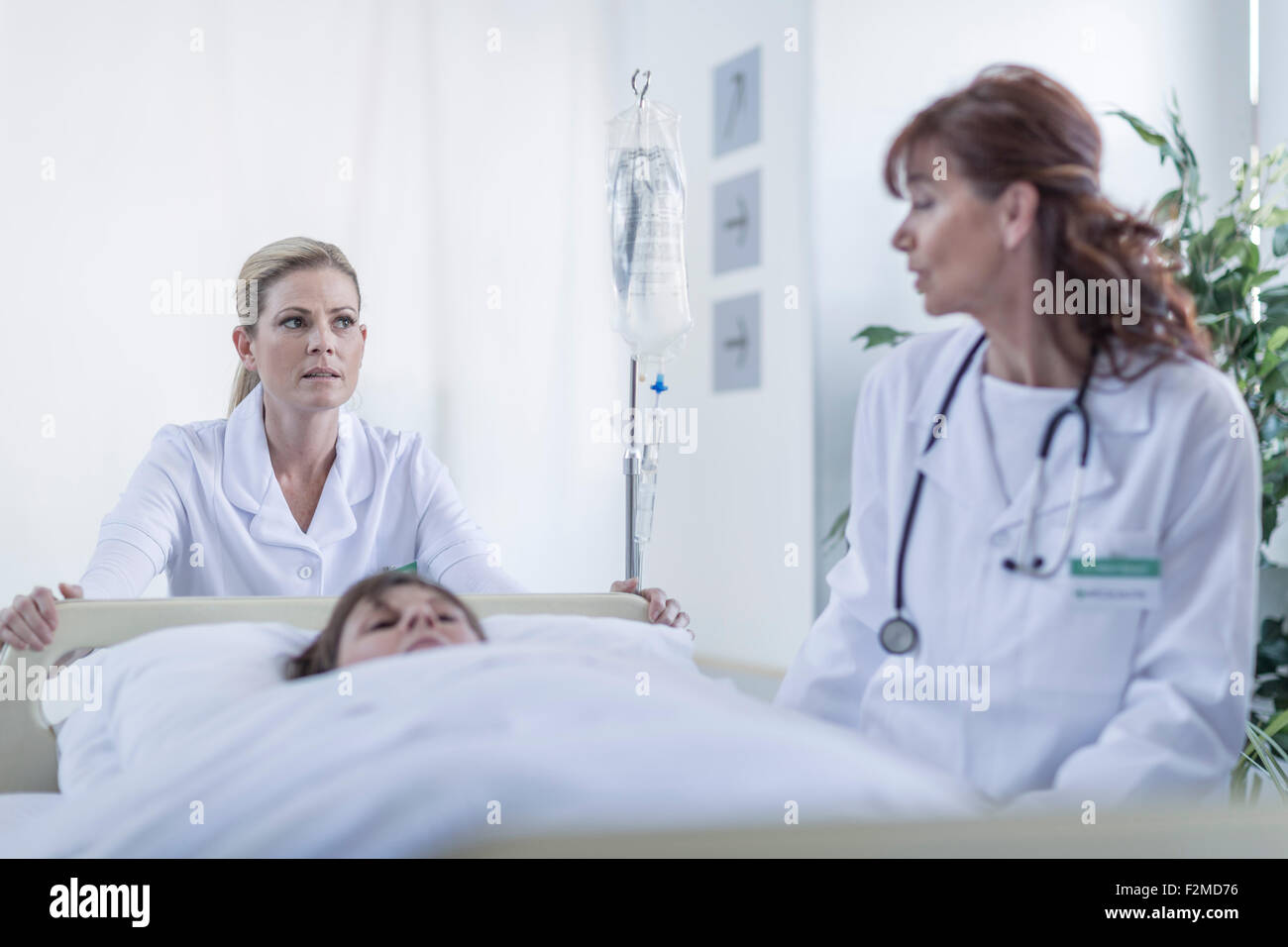Doctor and nurse pushing hospital bed with patient Stock Photo - Alamy