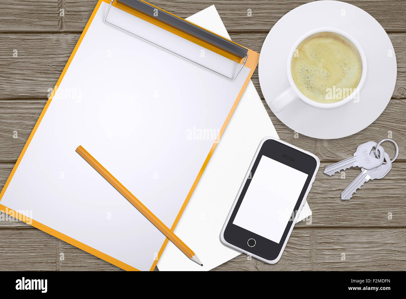 Notebook with smartphone and keys on table Stock Photo - Alamy