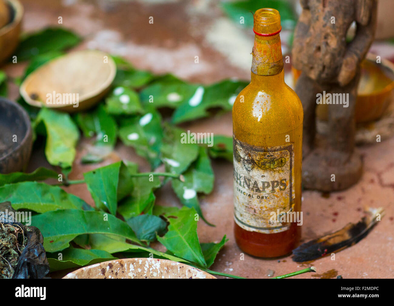 Benin, West Africa, Bonhicon, schnapps bottle used during a voodoo ...