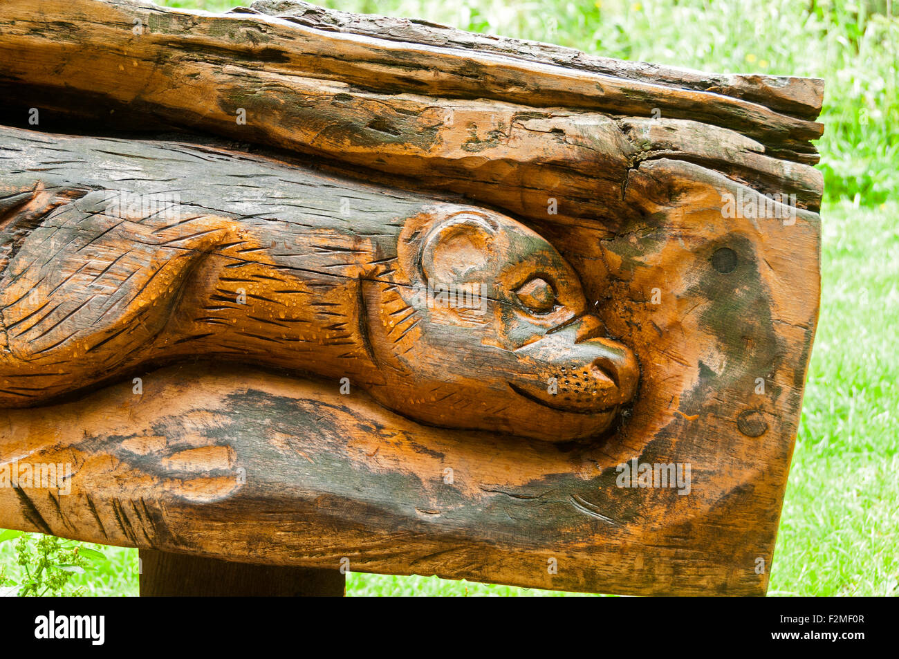 Carved wooden seat on the riverside path near Prebends' Bridge, Durham ...