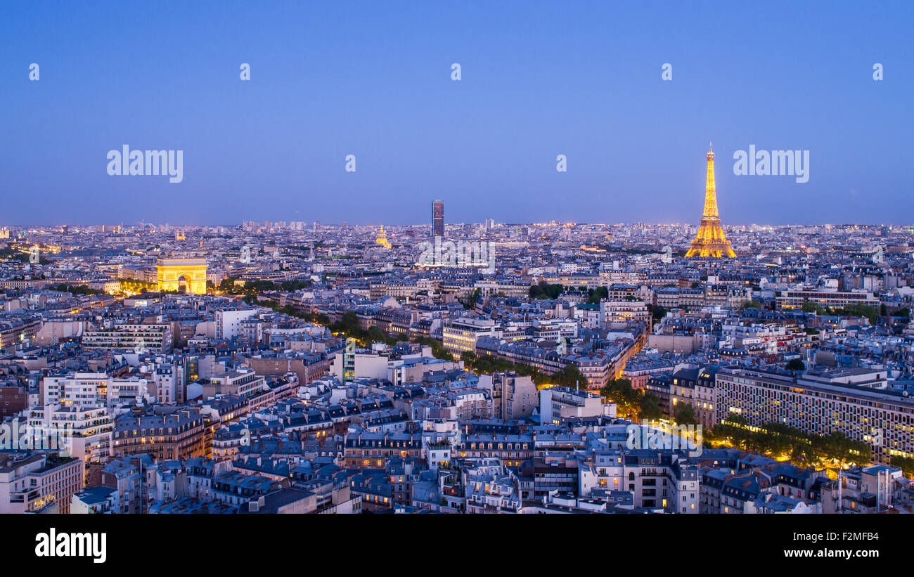 Paris City Skyline, Arc de Triomphe and the Eiffel Tower, viewed over ...