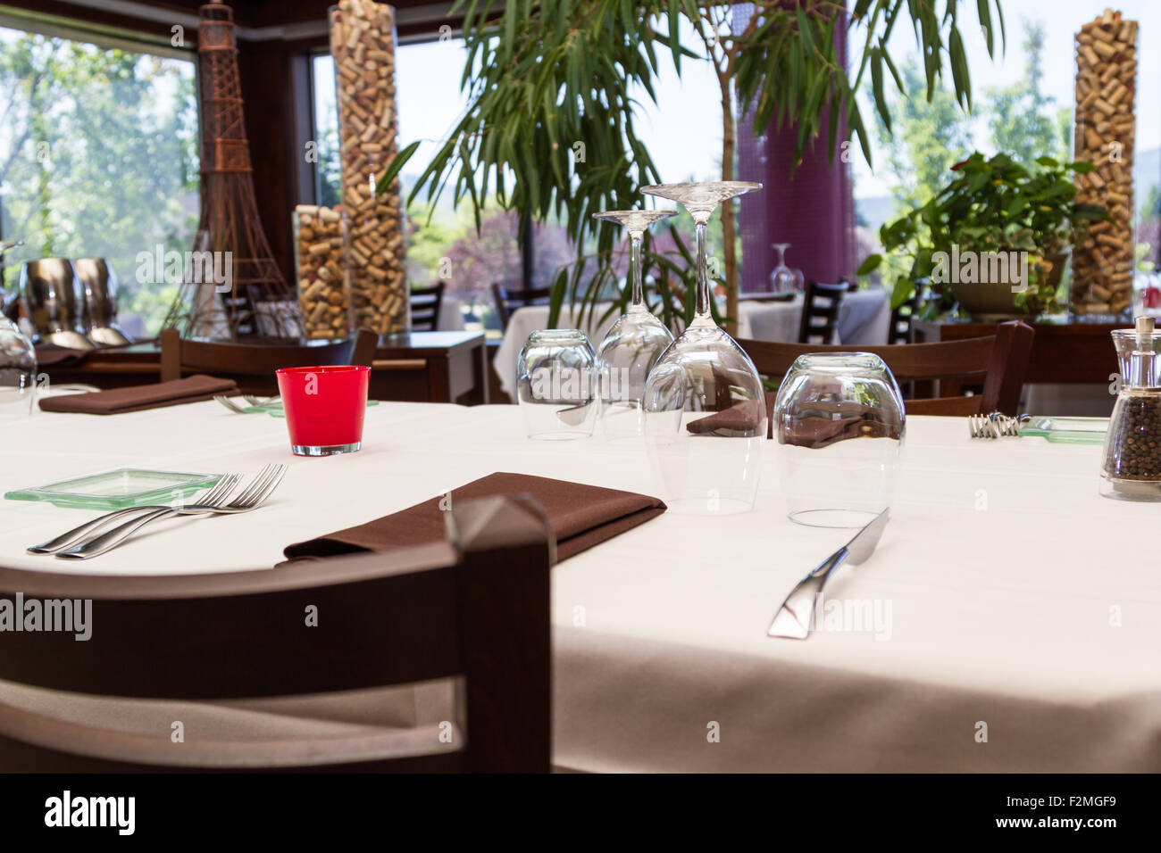 close up of a table setting inside a fine dining restaurant with no ...