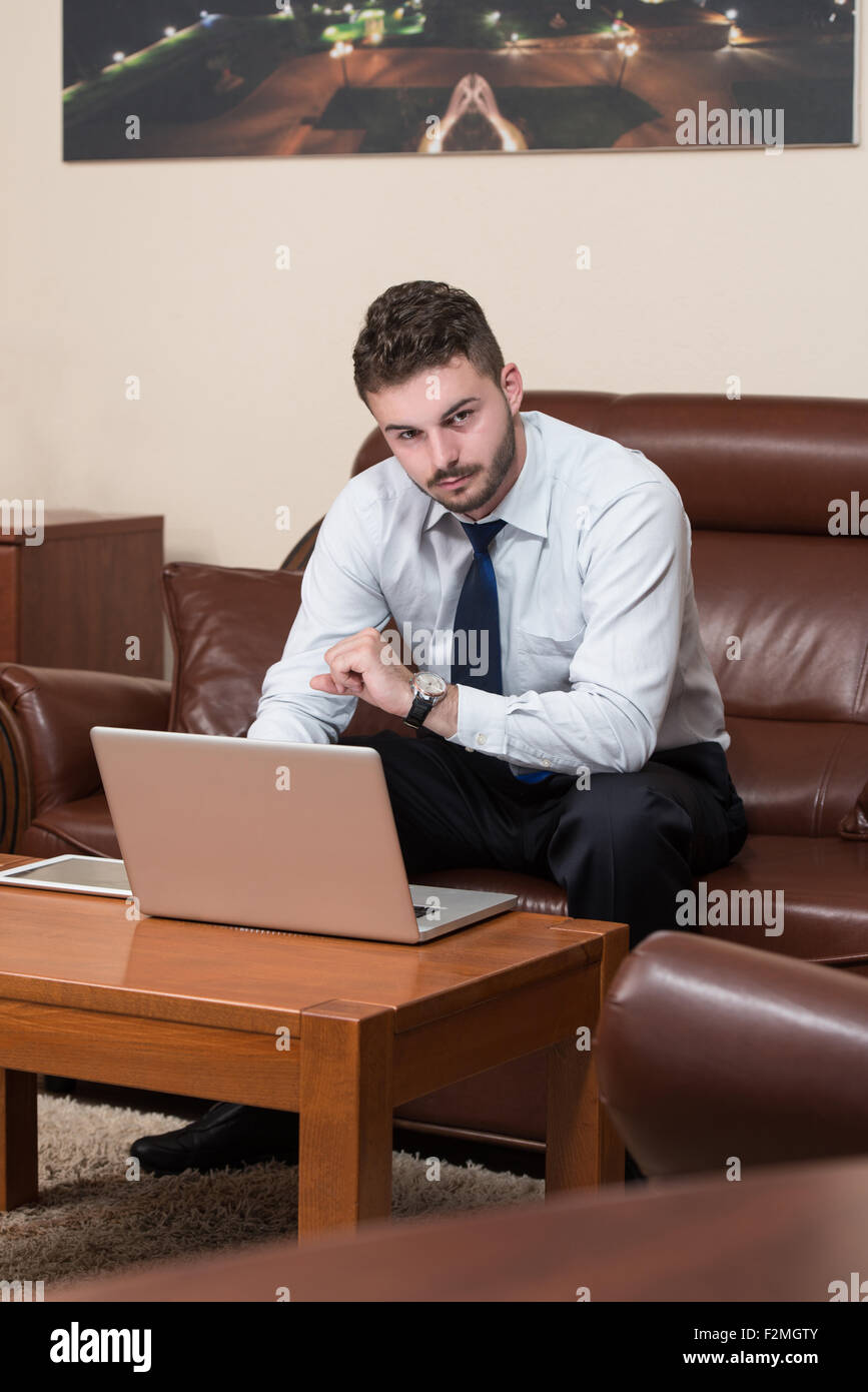 Happy Young Business Man Work In Modern Office On Computer Stock Photo ...