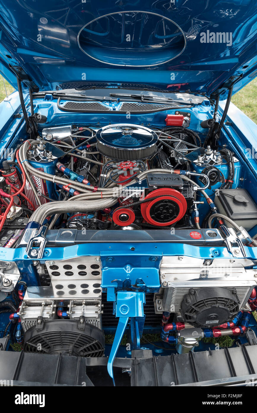Veteran American Ford Mustang engine compartment at Steam rally and ...