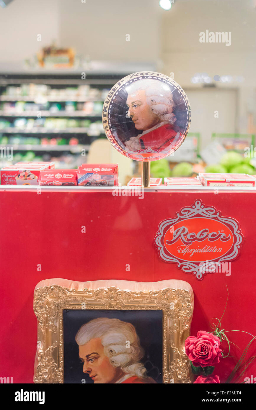 Mozartkugel shop window display Vienna, view of a supermarket display ...