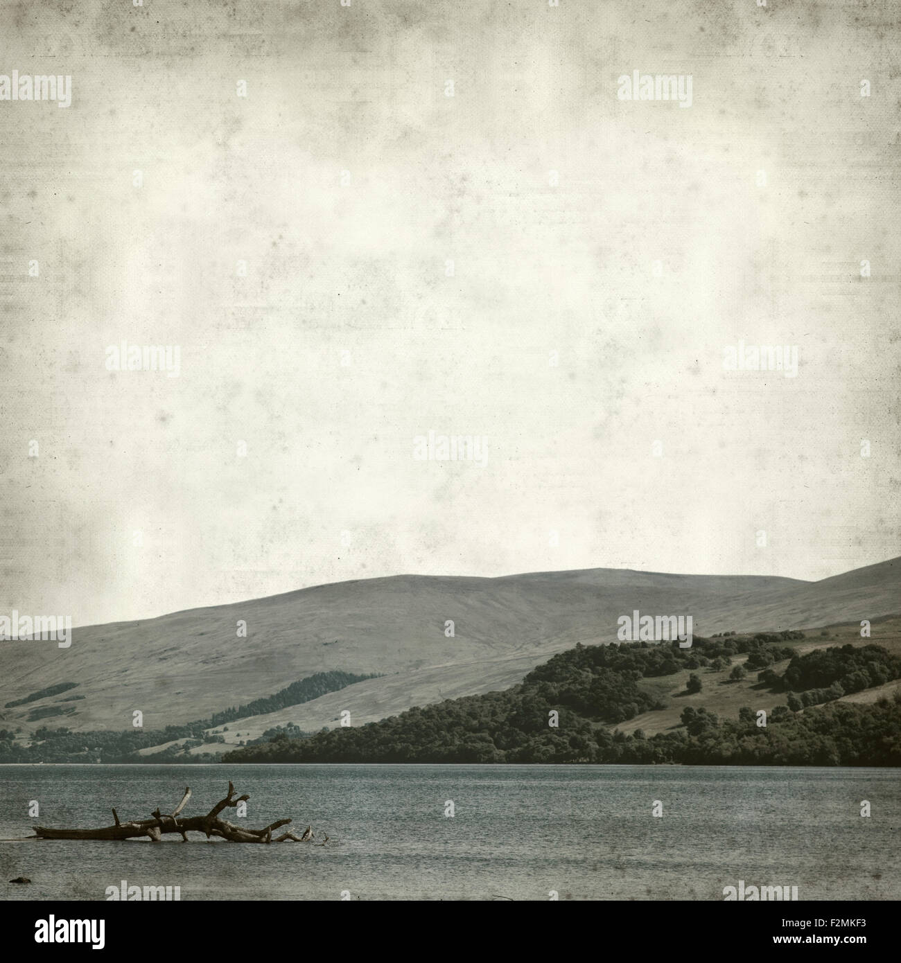 textured old paper background with Scotland summer landscape, Loch Tay ...