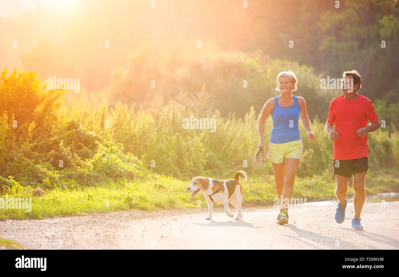 Active seniors running with their dog outside in green nature Stock ...