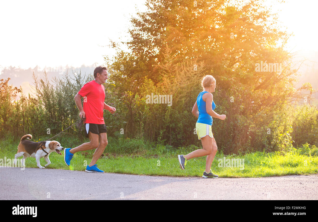 Active seniors running with their dog outside in green nature Stock ...