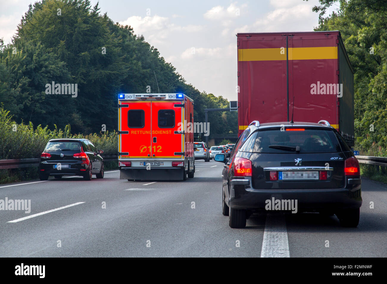Accident on the Autobahn A 43, cars on the left and right side of the ...