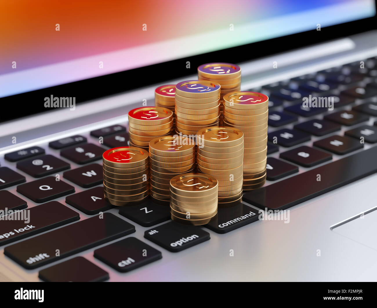 Banking, financial concept. Stack of golden coins on laptop keyboard ...