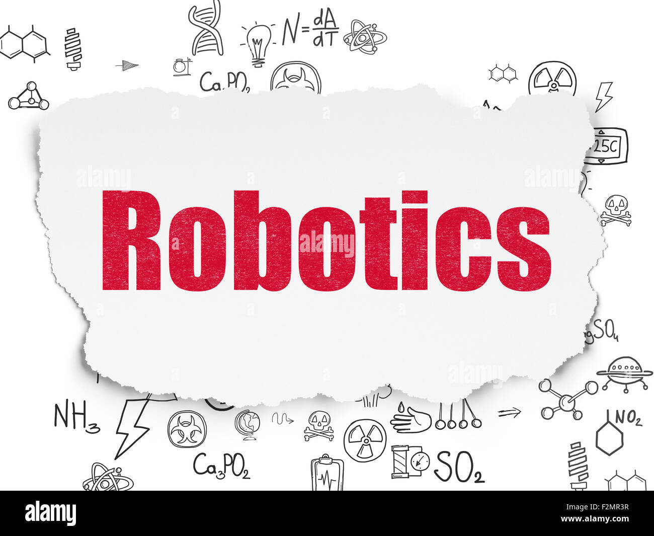Science concept: Painted red text Robotics on Torn Paper background with Scheme Of Hand Drawn ...