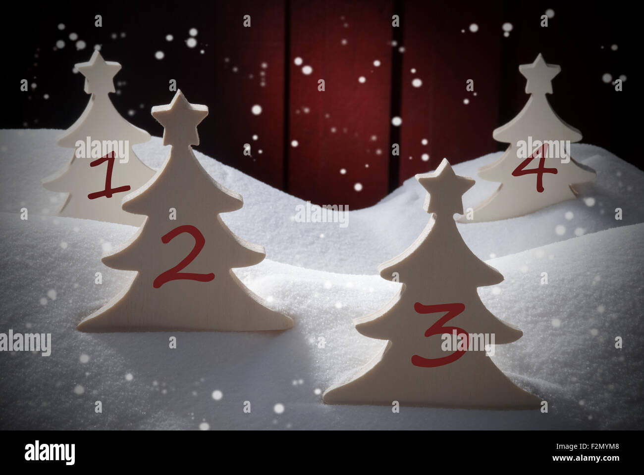 Four Christmas Trees, Snow, Snowflakes, Numbers 1, 2, 3, 4 Stock Photo ...