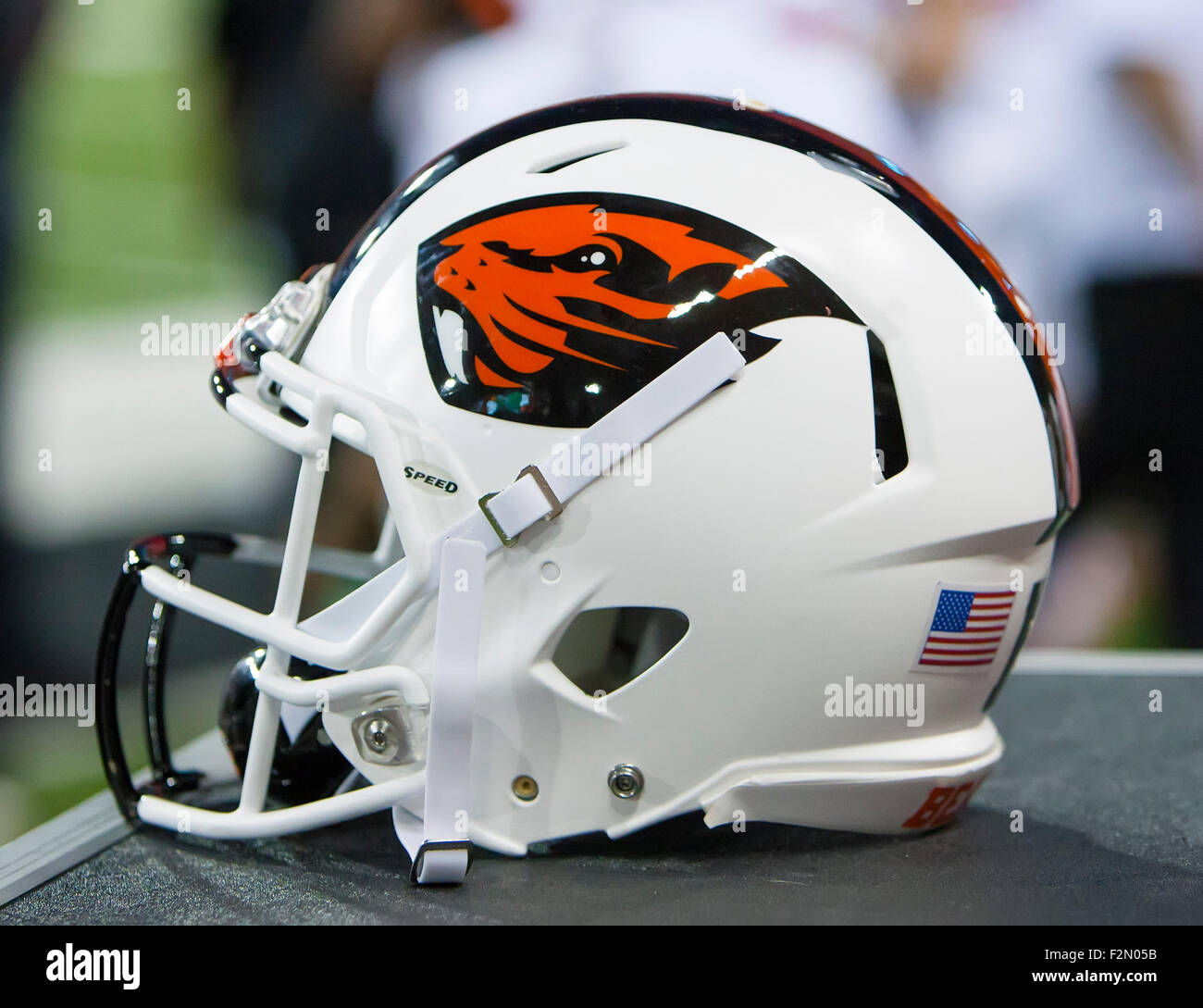 September 19, 2015: An Oregon State Beavers helmet on the sidelines ...