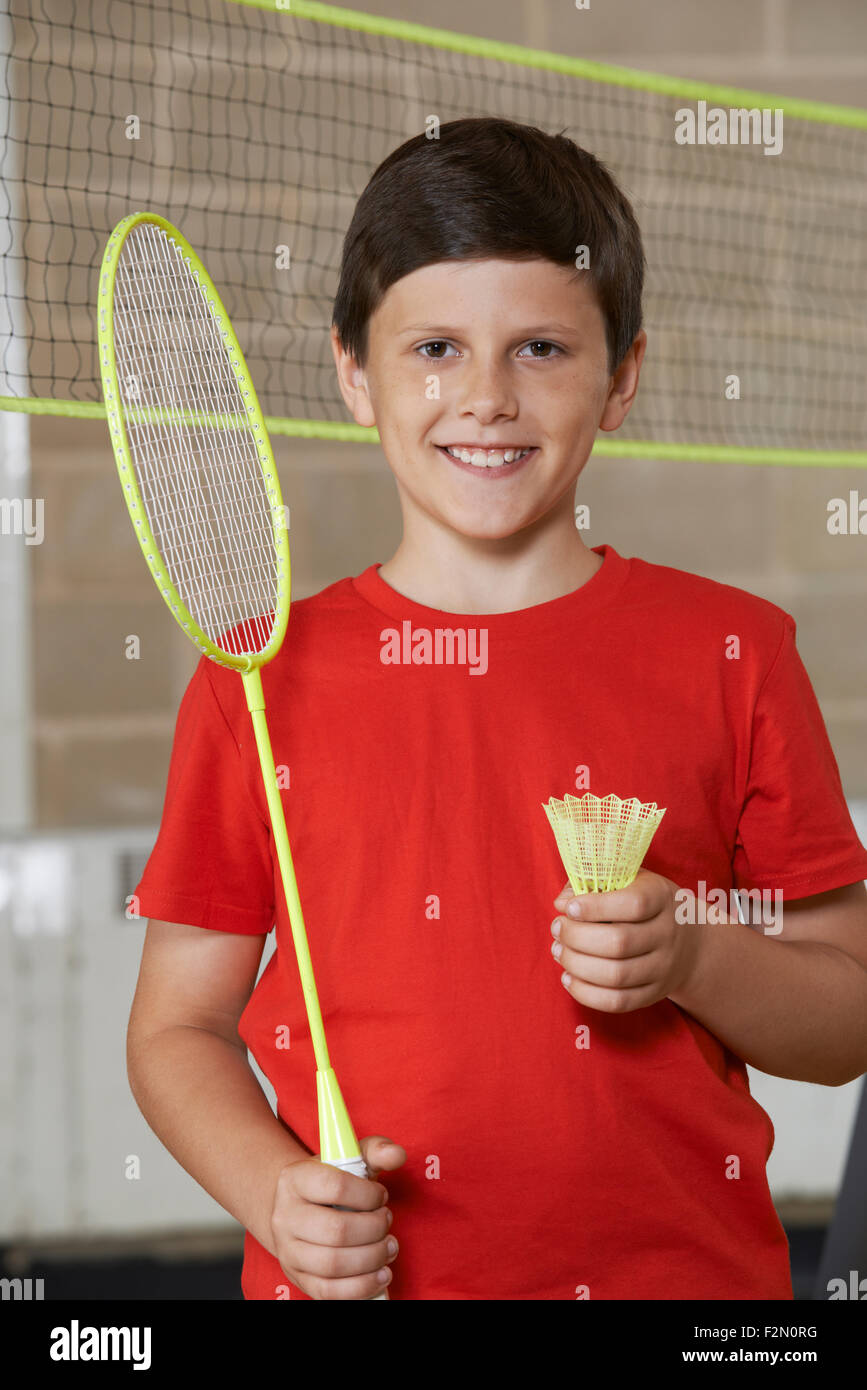 Portrait Of Boy In School Gym Playing Badminton Stock Photo - Alamy