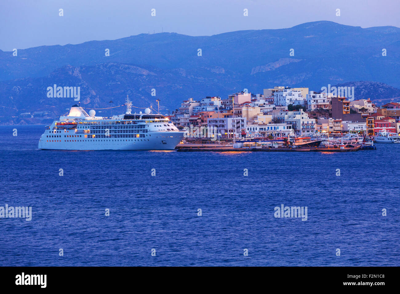 Agios Nikolaos City and Cruse Ship at Night Crete, Greece Stock Photo ...