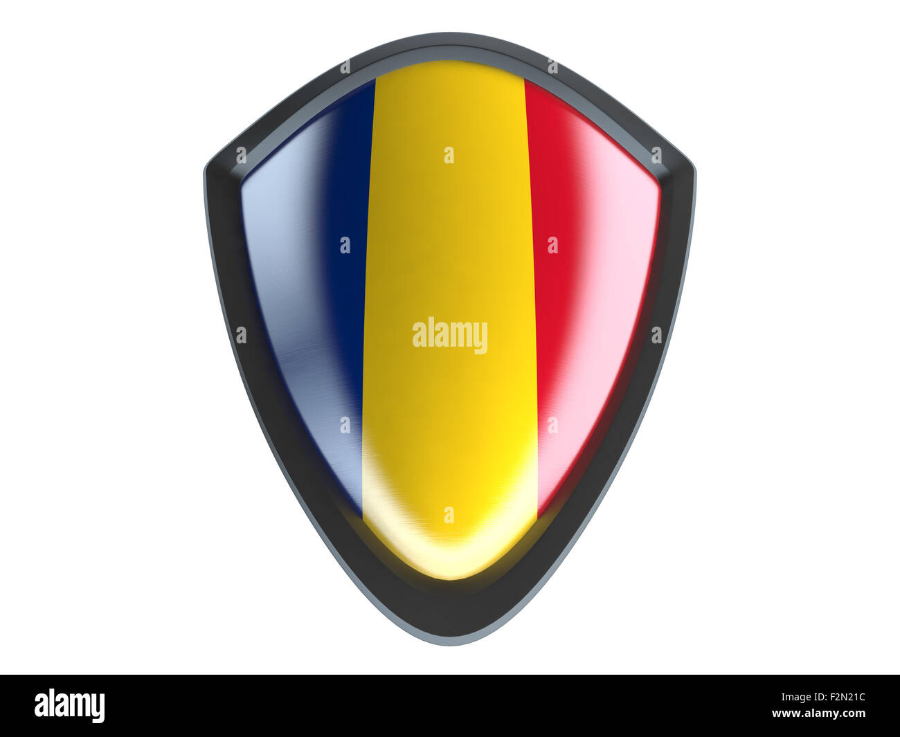 Romania flag on metal shield isolate on white background Stock Photo ...