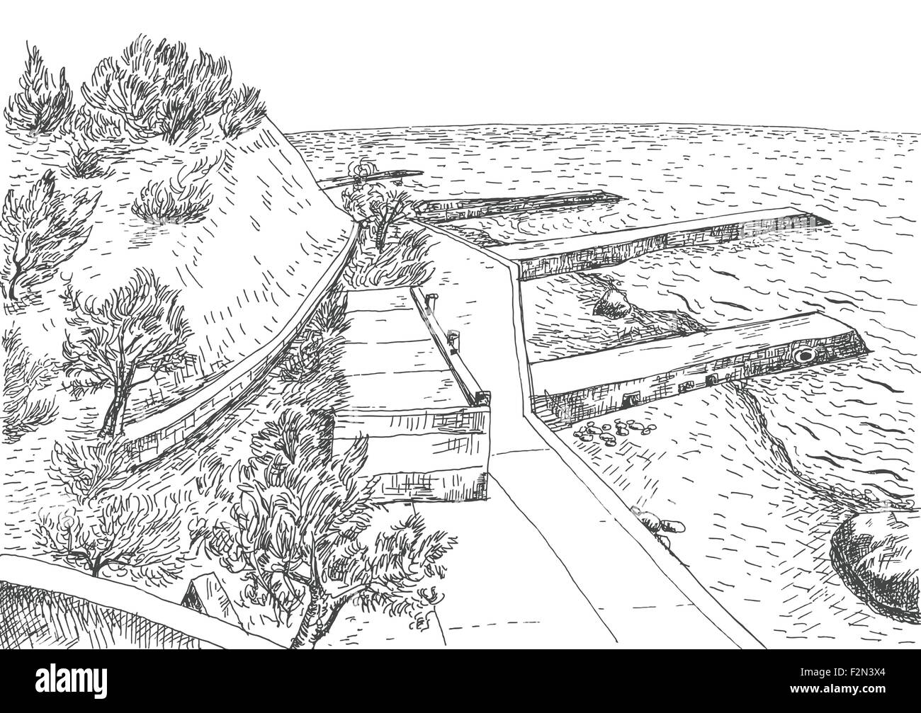 Sea coast with piers and rocky shore in the Crimea. Monochrome freehand ...