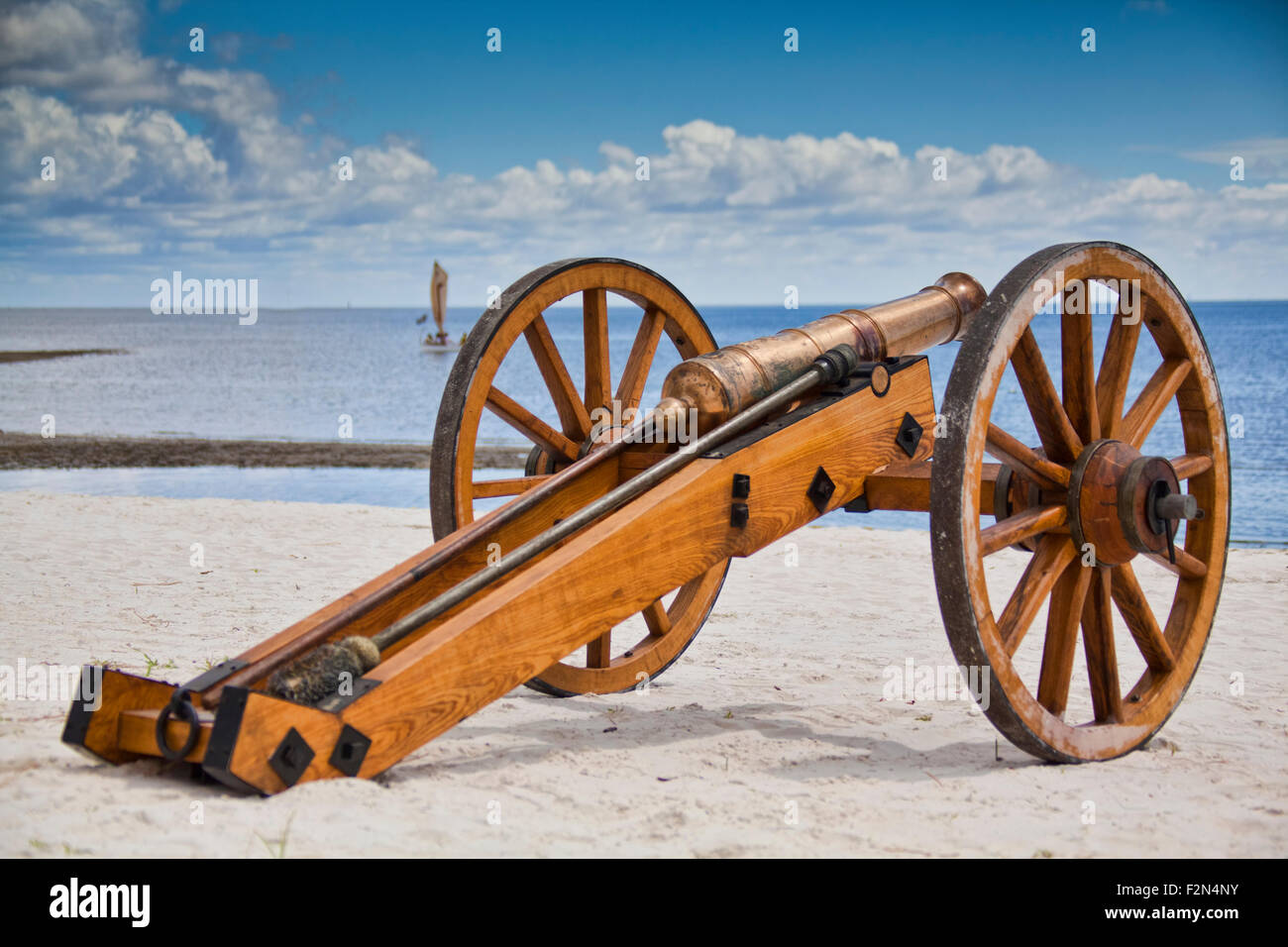 Historic Military Cannon with wooden frame and wooden wheels on the ...
