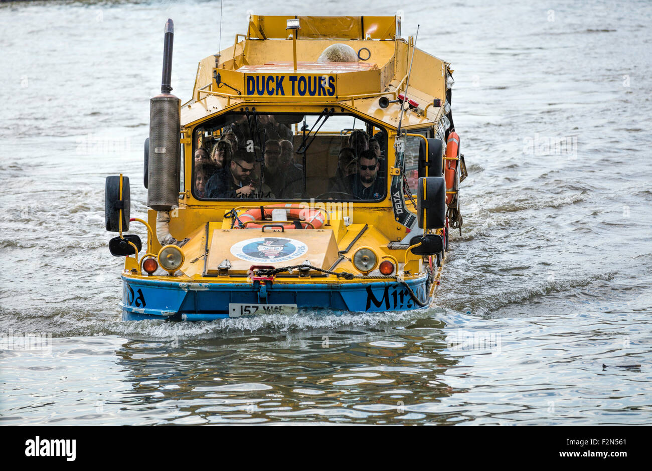 Duck Tours amphibious boat leaves the water of the River Thames in ...