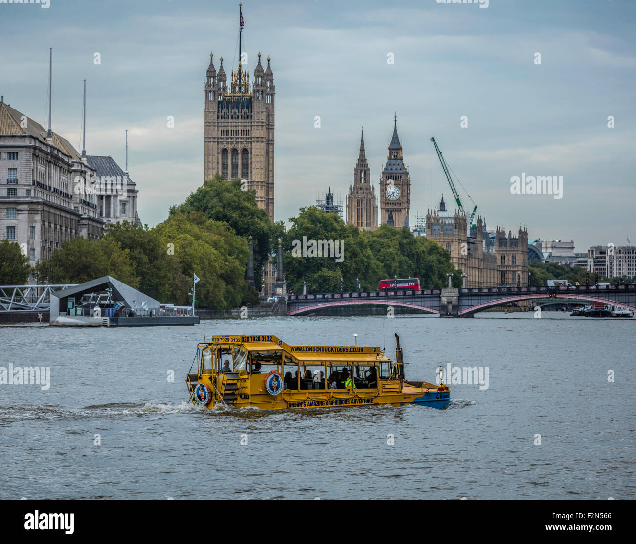 Duck tours amphibious vehicle on the River Thames heading towards ...