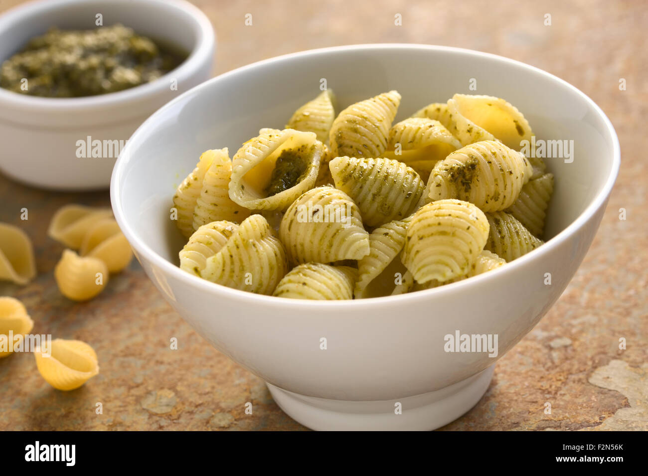 Pesto alla genovese on shell pasta. Pesto is a traditional basil sauce ...