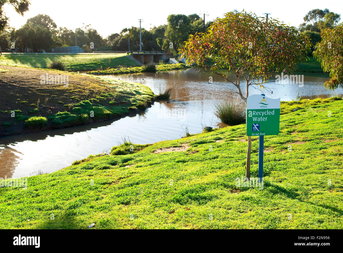 Recycled water sign beside a river in Salisbury, a suburb of Adelaide ...
