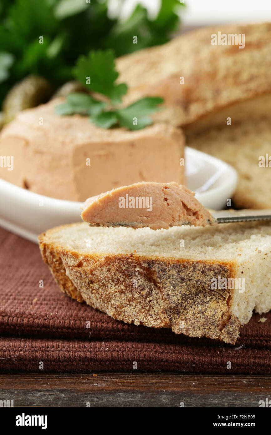 homemade meat pate with pickles and white bread Stock Photo - Alamy