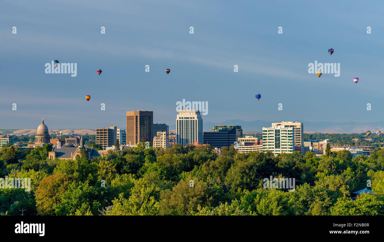 Hot air balloons floating over Bosie Idaho Stock Photo - Alamy