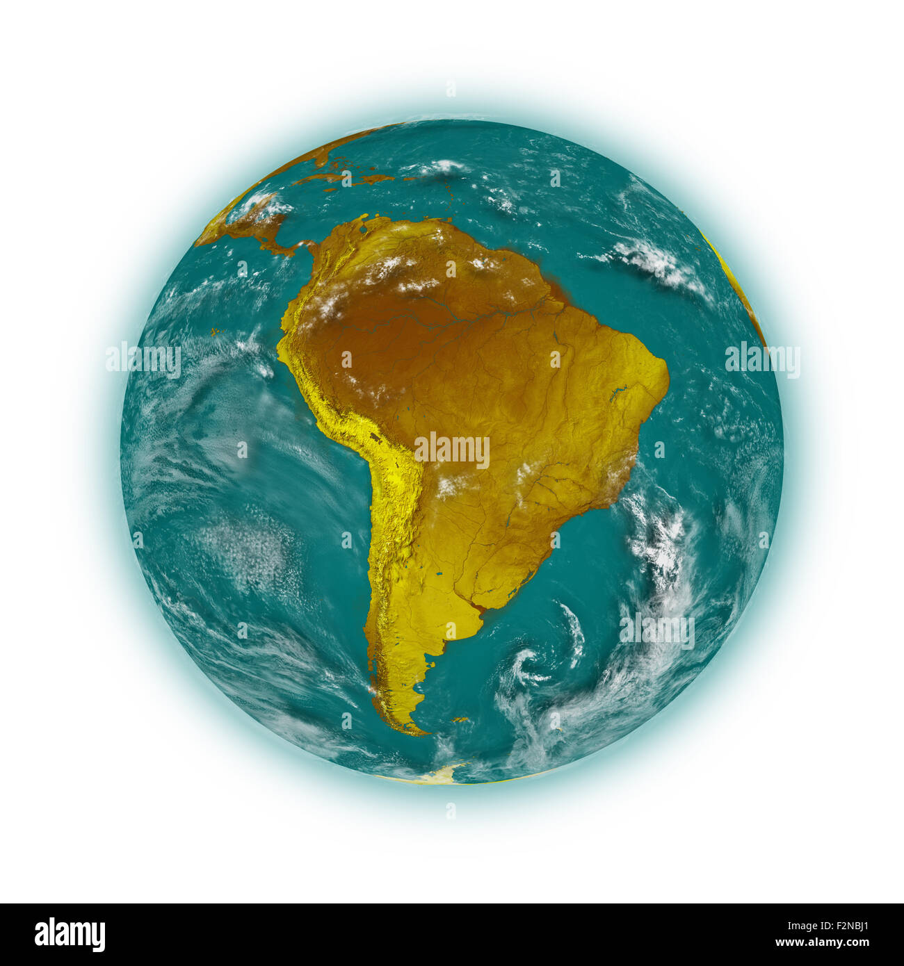 South America on blue planet Earth isolated on white background. Highly ...