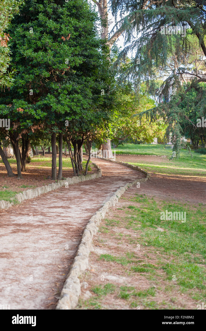 Stone path in garden with round between green trees, vertical Stock ...