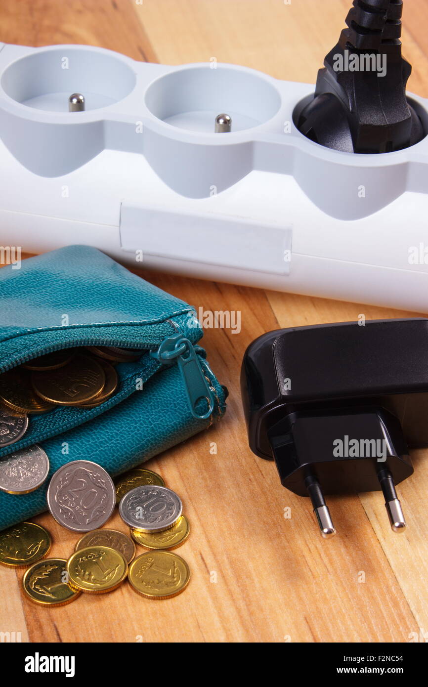 Electrical power strip with plug and polish currency money with blue ...