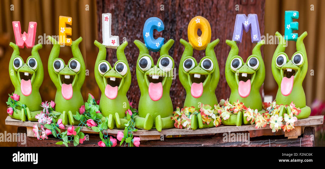 an welcome sign of the frog with each letter Stock Photo - Alamy