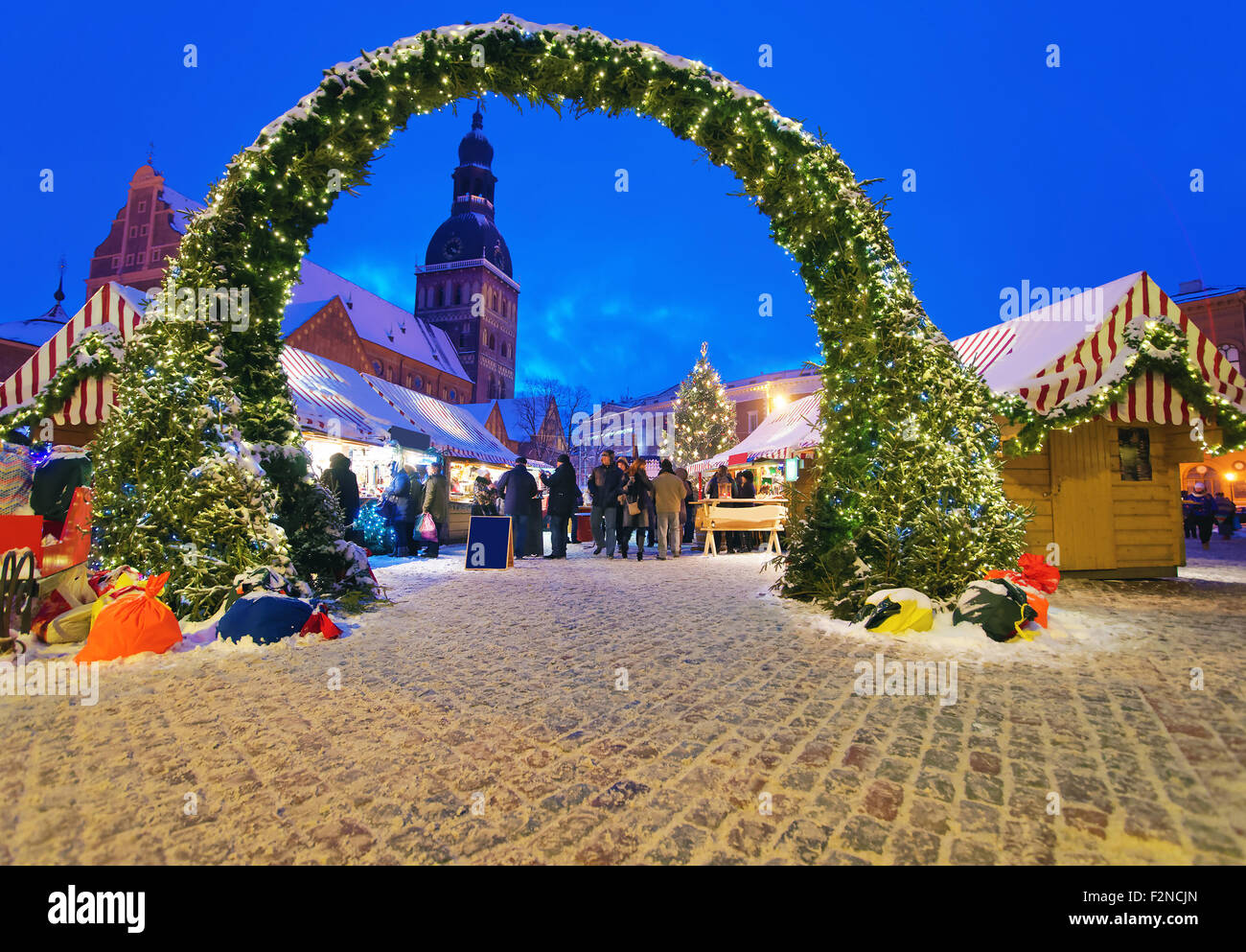 RIGA, LATVIA - DECEMBER 28, 2014: Night view of a beautiful entrance to ...