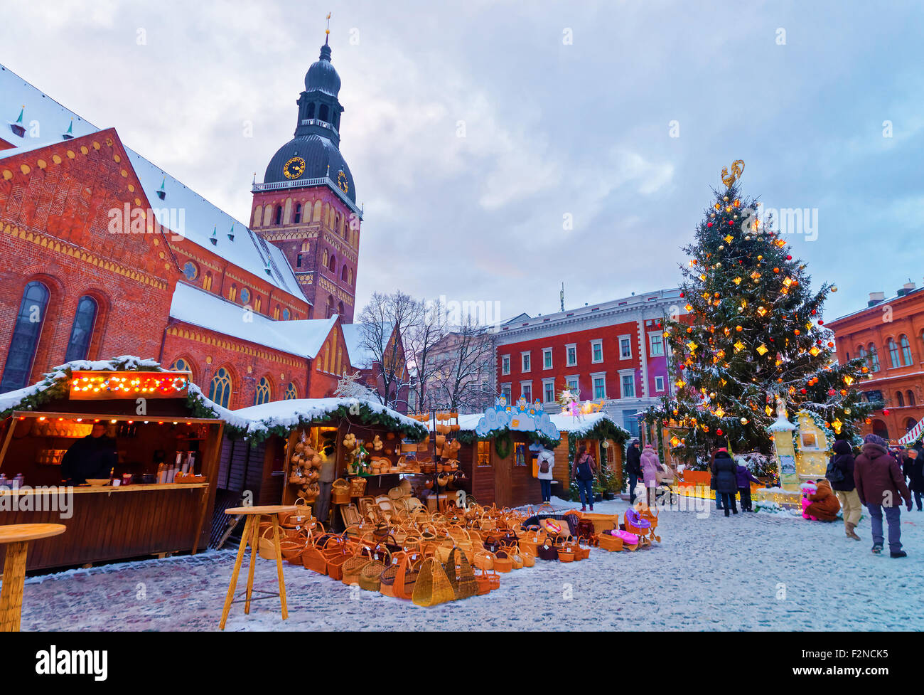Beautiful snowy winter scenery of Christmas holiday fair at Dome Square ...