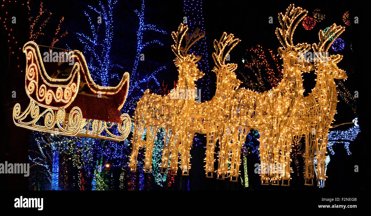 Electronic yellow glowing flying sleigh of Santa Claus with deers Stock ...