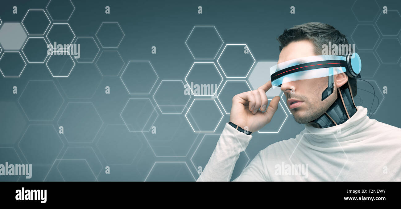 man with futuristic 3d glasses and sensors Stock Photo - Alamy