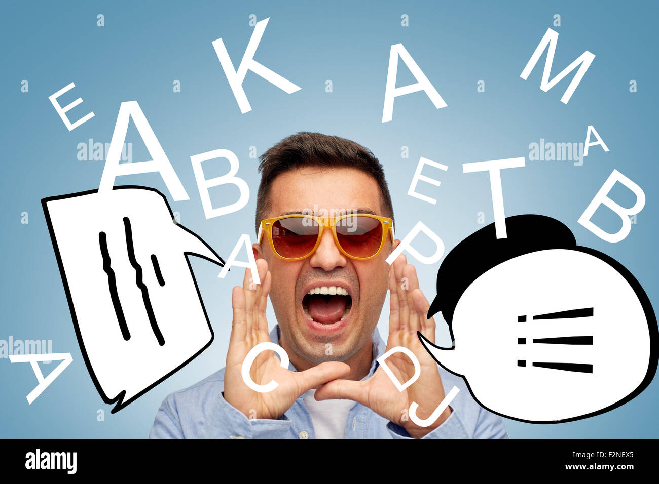 face of angry shouting man in sunglasses with text Stock Photo - Alamy