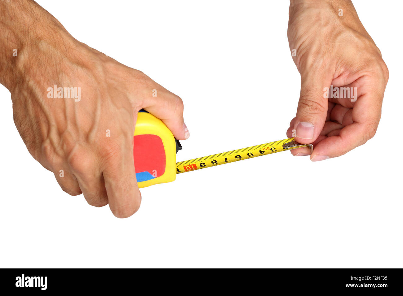 Man holding tape measure. Isolated with clipping path Stock Photo - Alamy