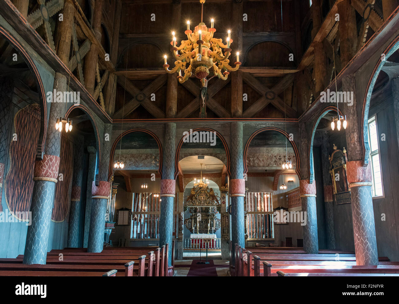 Interior, stave church or Stavkyrkje, Ringebu, Gudbrandsdalen, Oppland ...