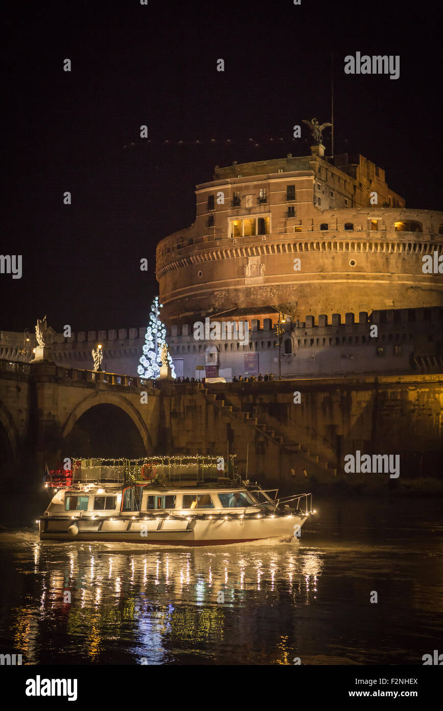 Illuminated boat floating on river, Rome, Italy Stock Photo - Alamy