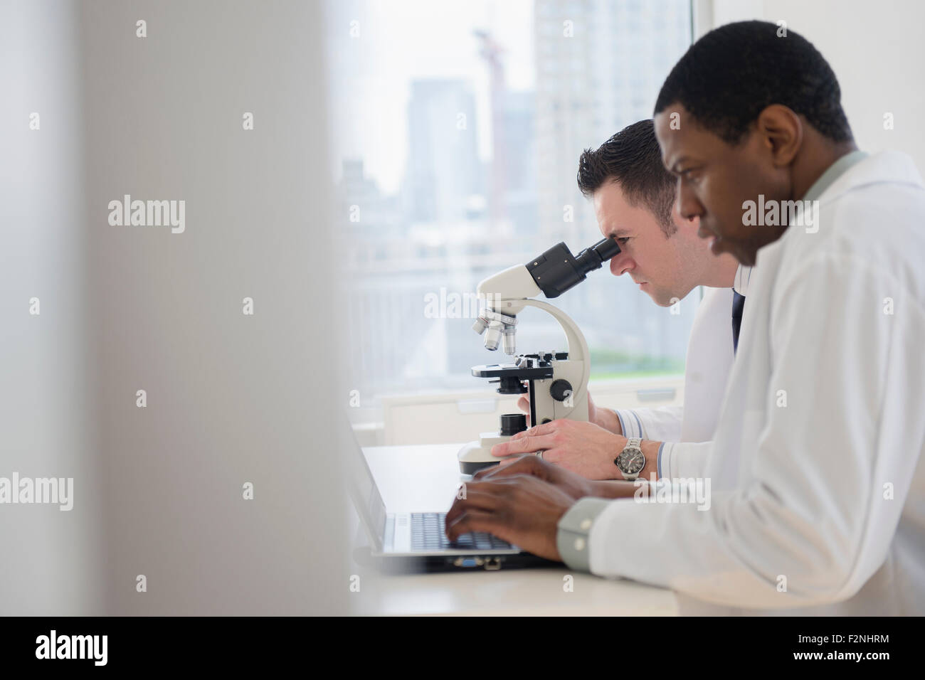 Scientists using laptop and microscope in lab Stock Photo - Alamy