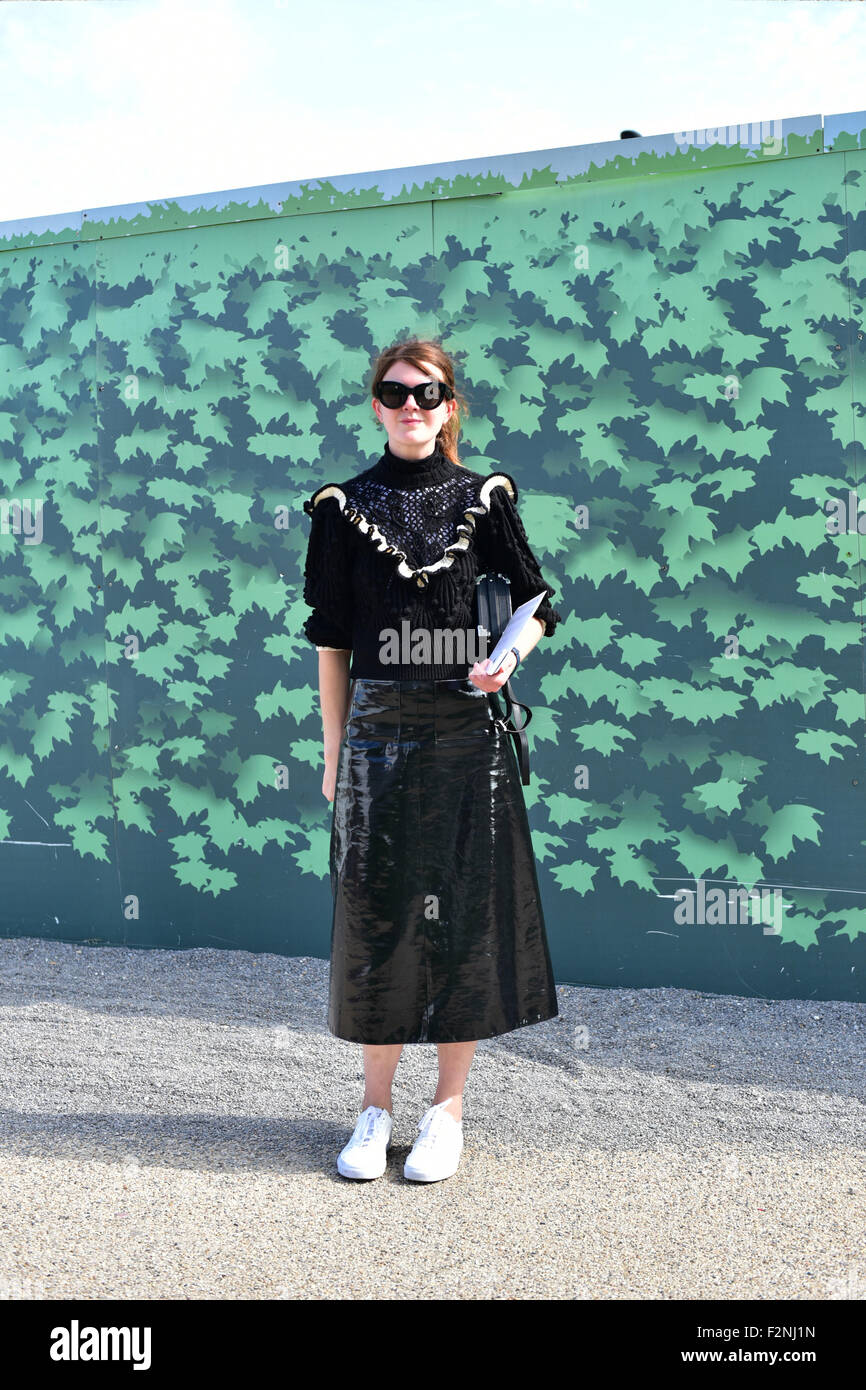 Editor and stylist Romilly Mason posing on the street during London ...