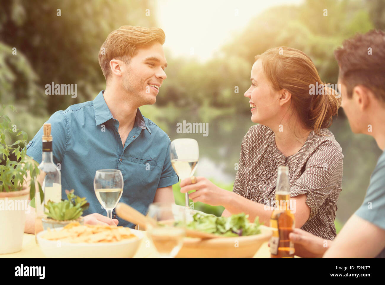 Friends having dinner party in backyard Stock Photo - Alamy