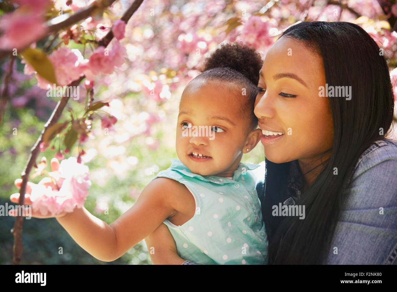 Mother and daughter admiring flowering tree in park Stock Photo - Alamy