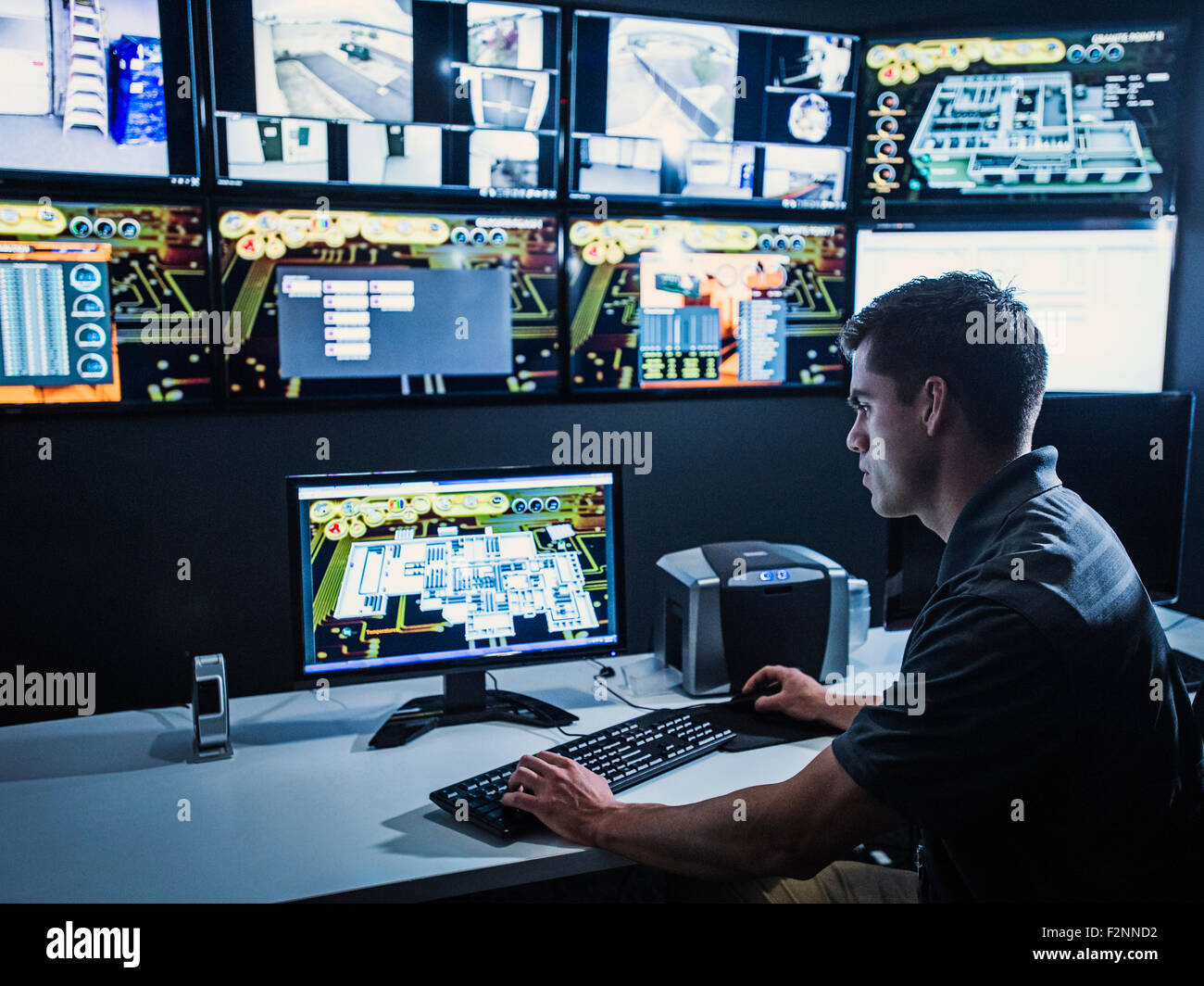 Hispanic security guard watching monitors in control room Stock Photo ...