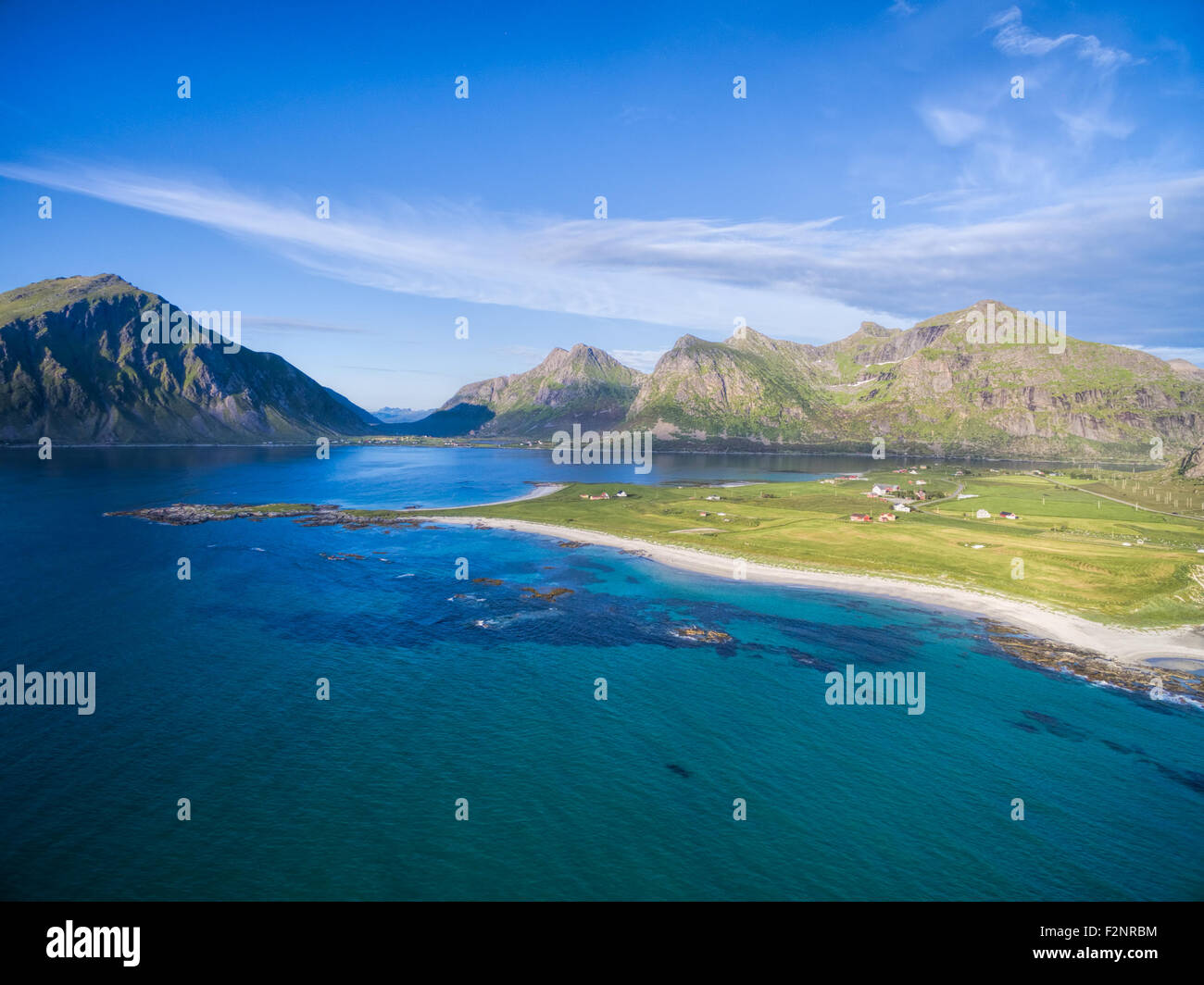 Scenic aerial view of village of Flakstad on Lofoten islands in Norway ...
