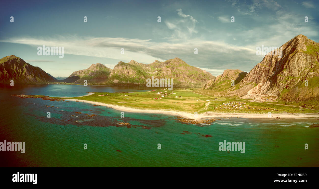 Aerial panorama of magical beach in Flakstad on Lofoten islands in ...